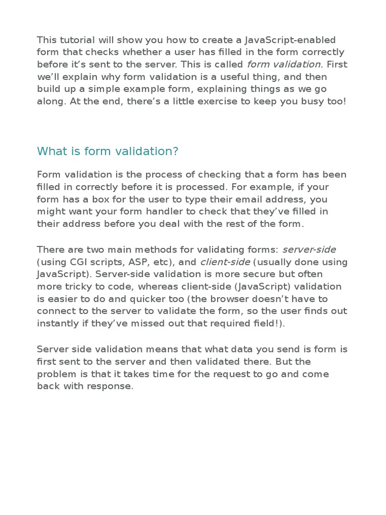 Form Validation | PDF | Dynamic Web Page | Java Script Form Validation | PDF | Dynamic Web Page | Java Script