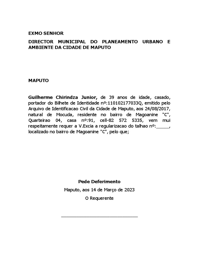 Exmo Senhor Director Municipal Do Planeamento Urbano E Ambiente Da ...