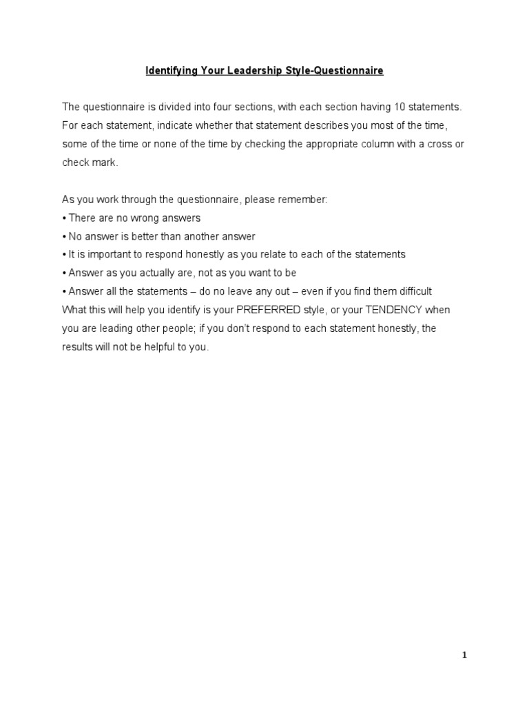 Identifying Your Leadership Style Questionnnaire | PDF
