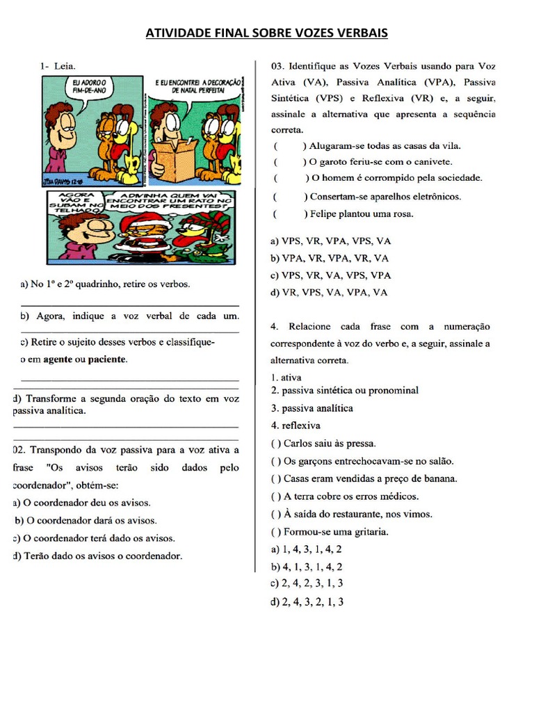 Atividades de Vozes Verbais para 8º Ano | PDF