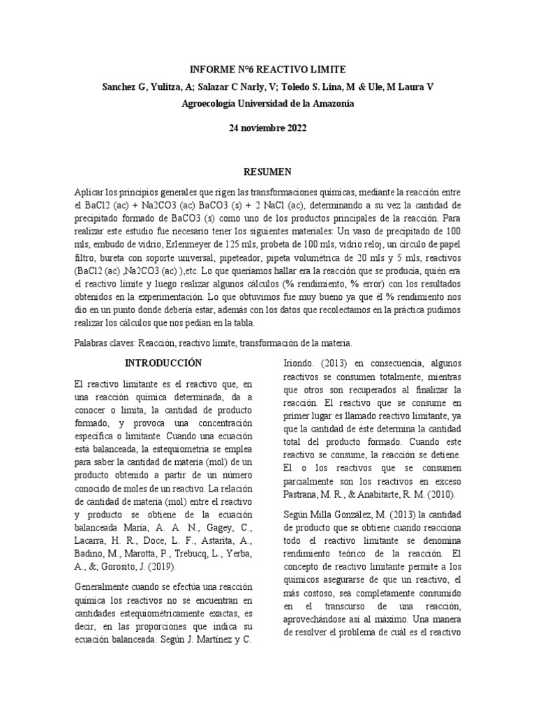 Informe #6 | PDF | Reacciones químicas | Ingeniería de Procesos