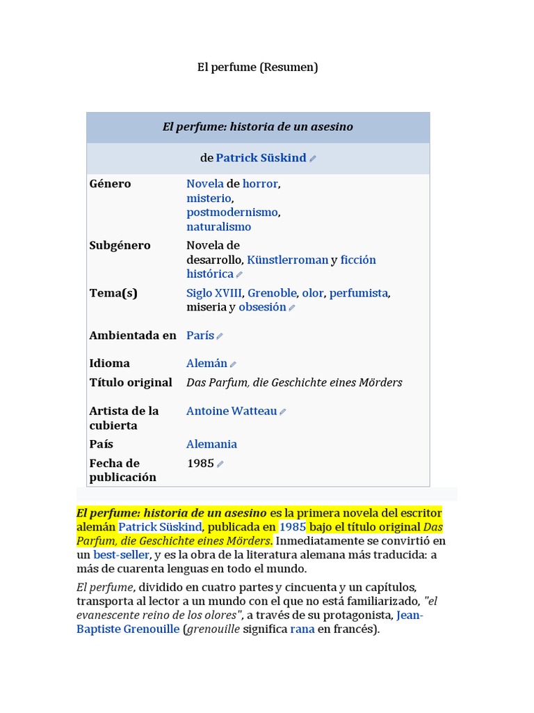 El perfume: la historia del obsesivo perfumista Jean-Baptiste Grenouille | PDF