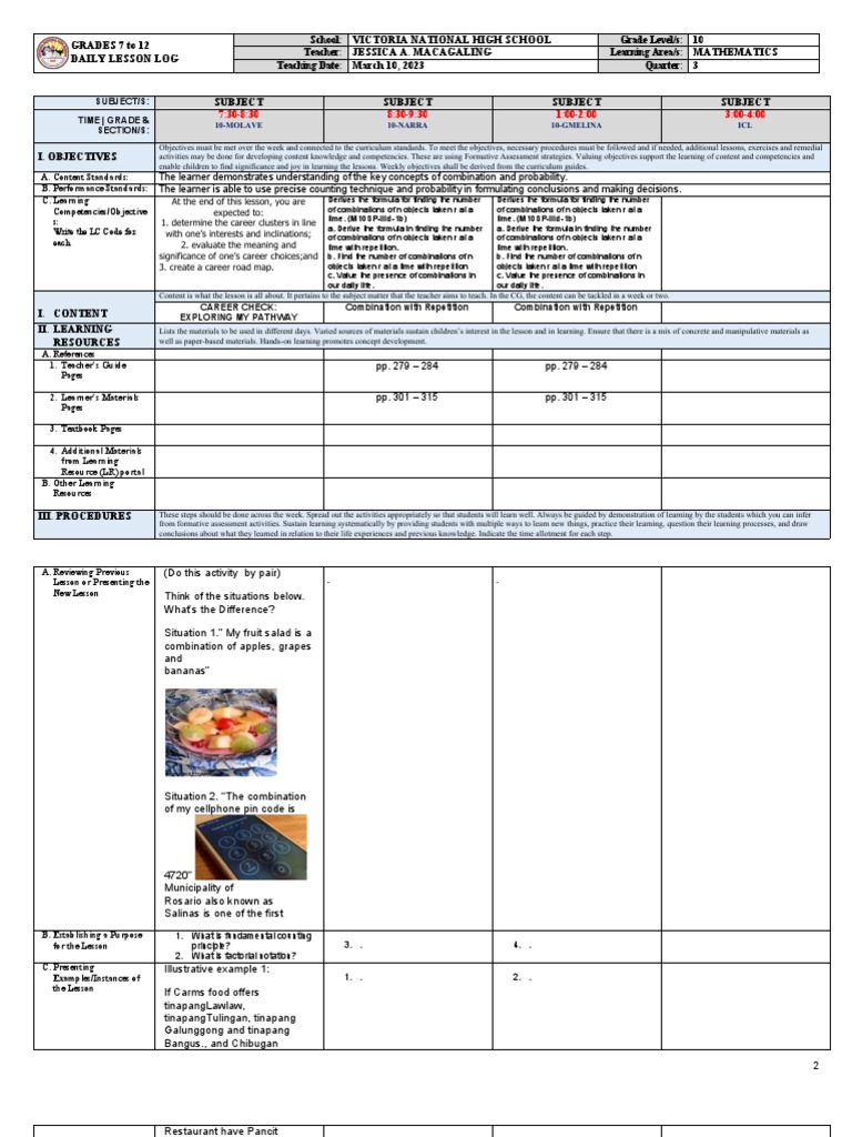 Grade 10 Math Lesson Plan: Combinations | PDF | Learning | Teachers