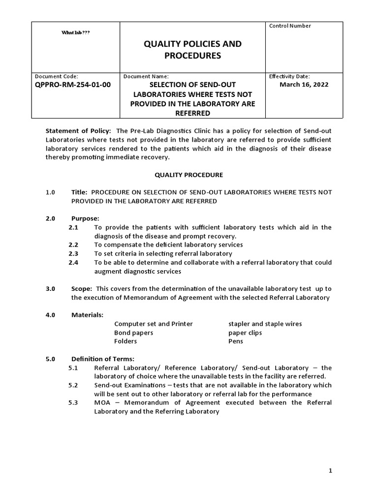 Sample QPPRO SEND OUT LAB SELECTION | PDF | Computers