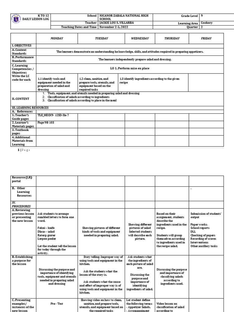 DLL COOKERY 9 Week 1 Mise en Place | PDF | Learning | Teachers