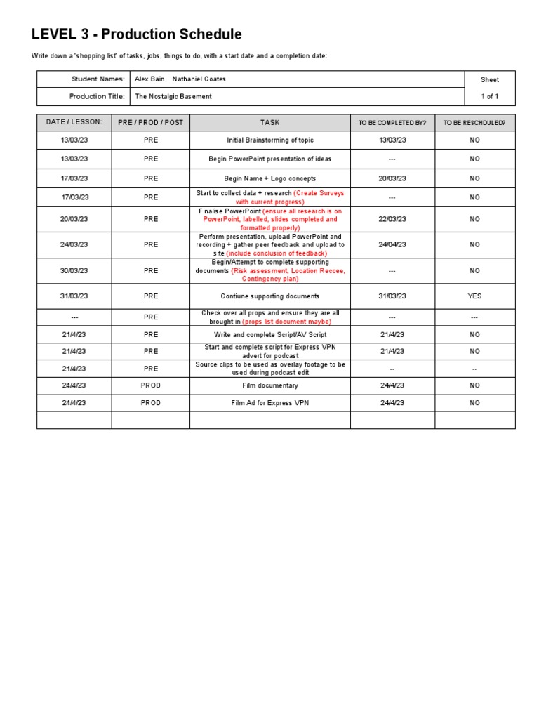 Student Production Schedule | PDF