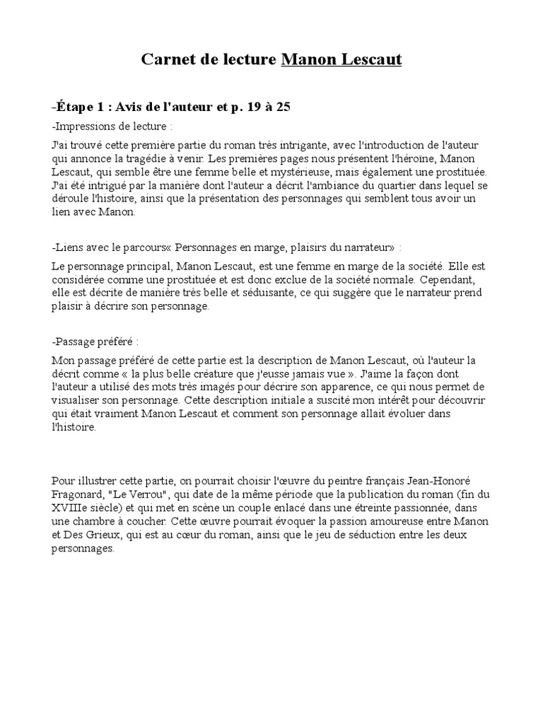 Carnet de Lecture Manon Lescaut: - Étape 1: Avis de L'auteur Et P. 19 À ...