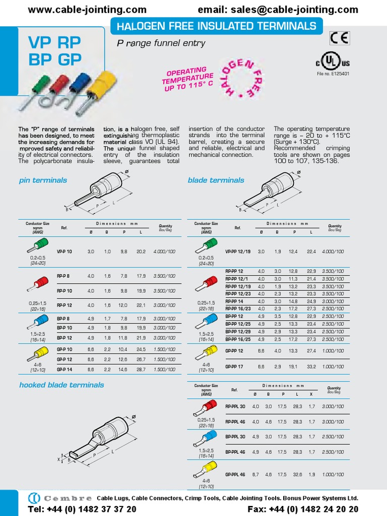 Cembre-Insulated-Cable-Crimp-Terminals-Halogen-Free-VP-RP-BP-GP | PDF ...