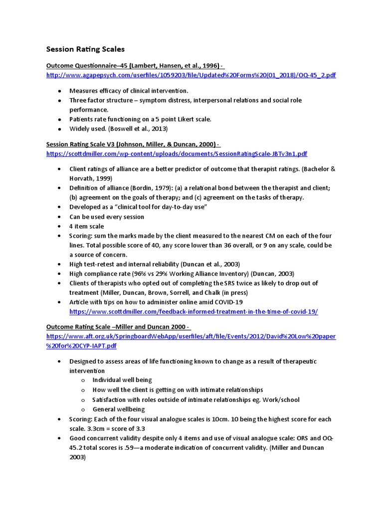 Session Rating Scales: Outcome Questionnaire-45 (Lambert, Hansen, Et Al ...