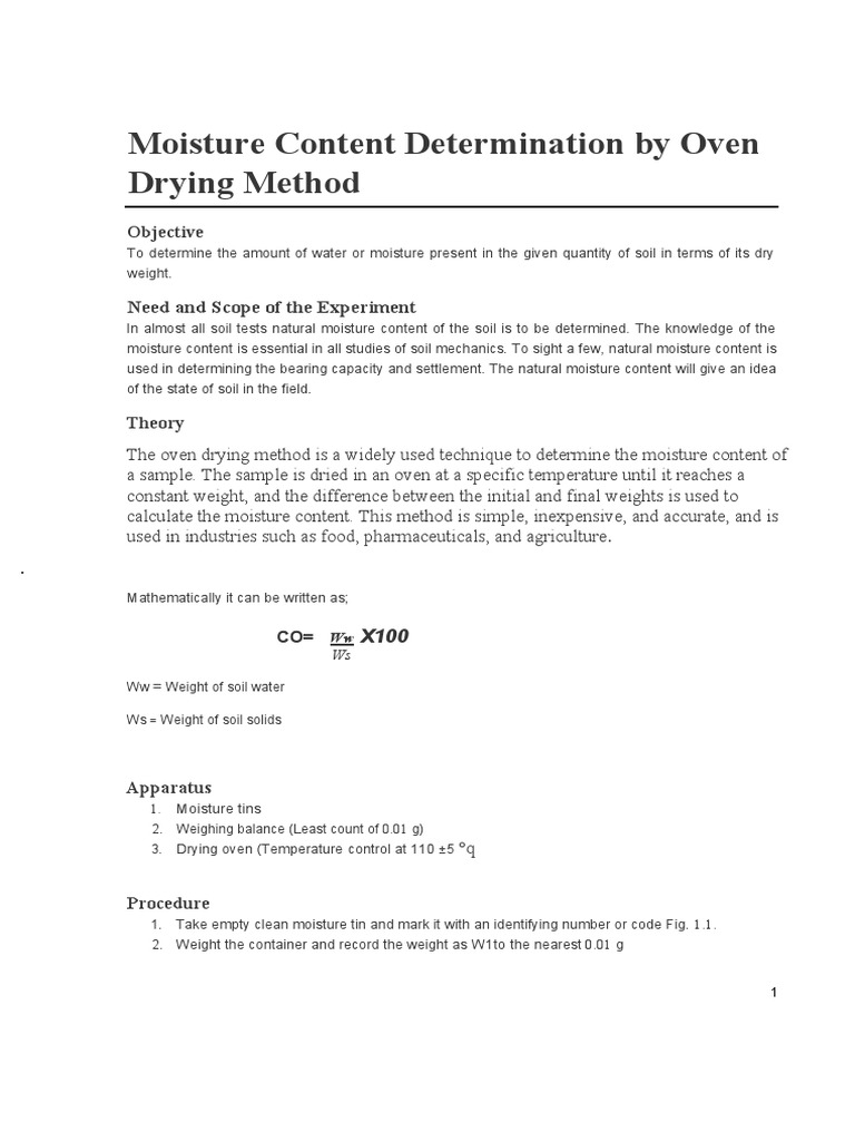 Moisture Content Determination by Oven Drying Method: Objective | PDF ...