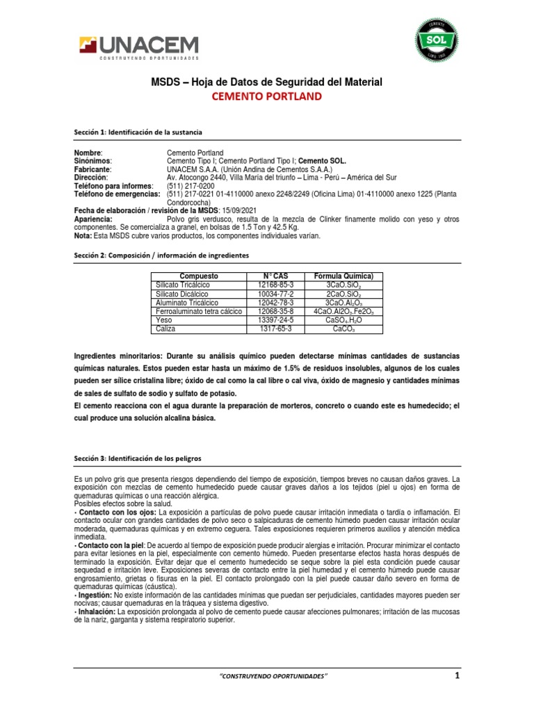 MSDS Cemento Sol | PDF
