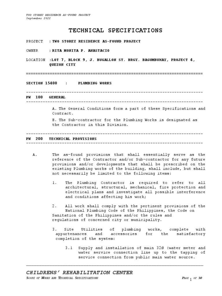 Technical Specifications - Plumbing CRC | PDF | Plumbing | Pipe (Fluid ...