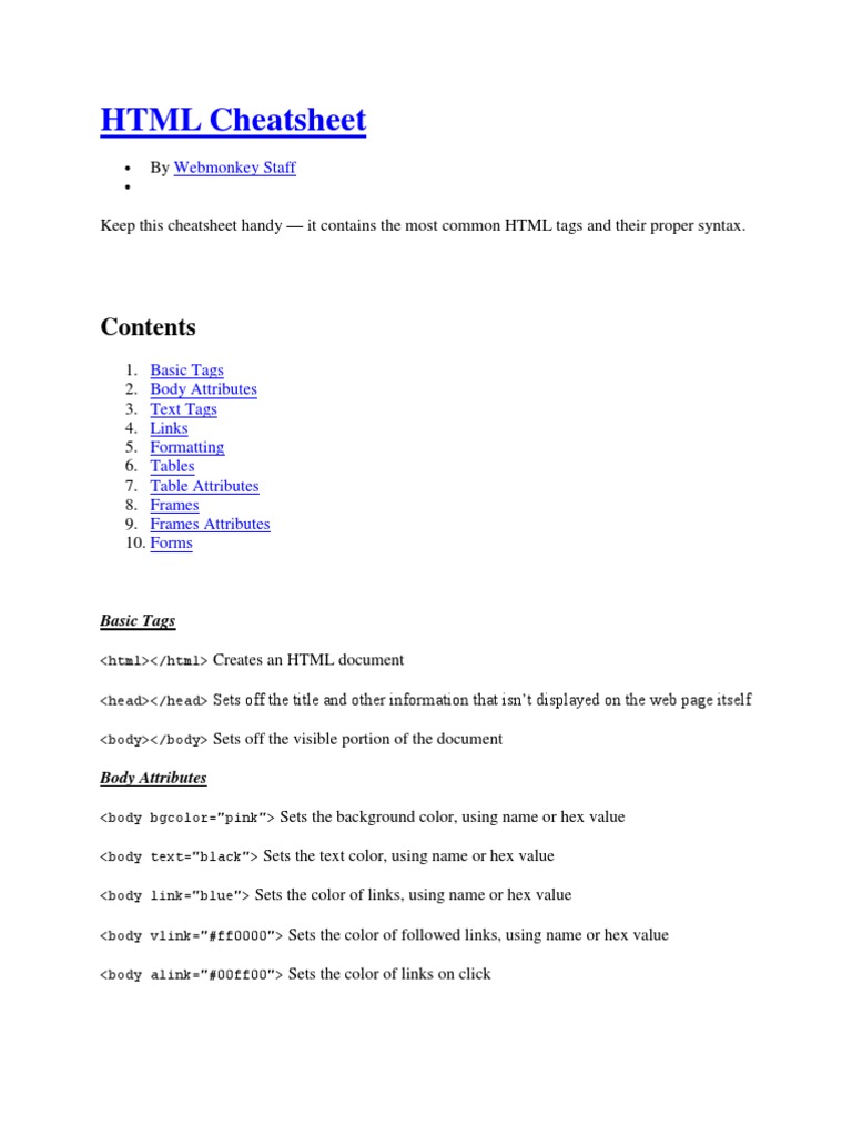 HTML Cheatsheet: Webmonkey Staff | PDF | Hyperlink | Html Element
