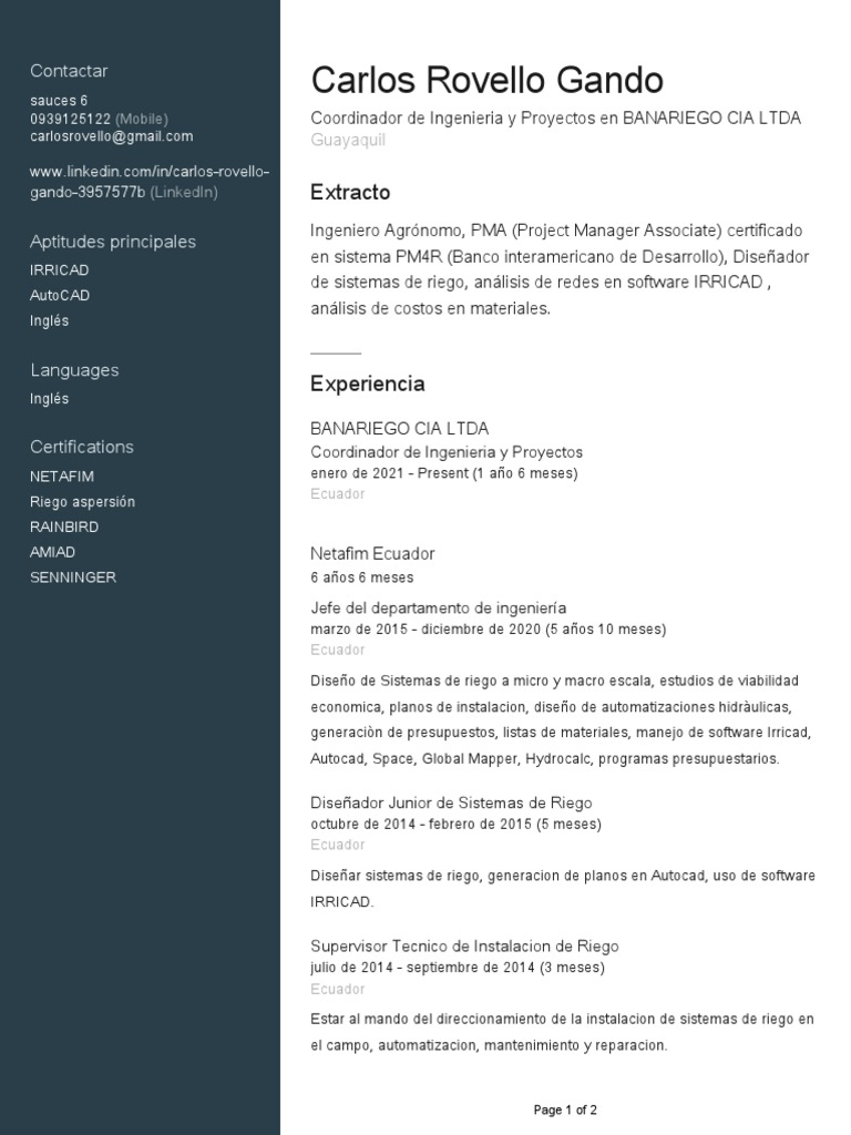 Perfil Profesional de Carlos Rovello | PDF | Riego | Science