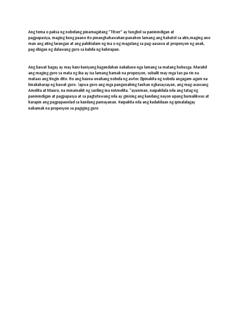 Ang Tema o Paksa NG Nobelang Pinamagatang | PDF