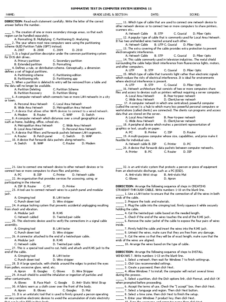 Css Summative Test Pdf Computer Network Local Area Network 7761