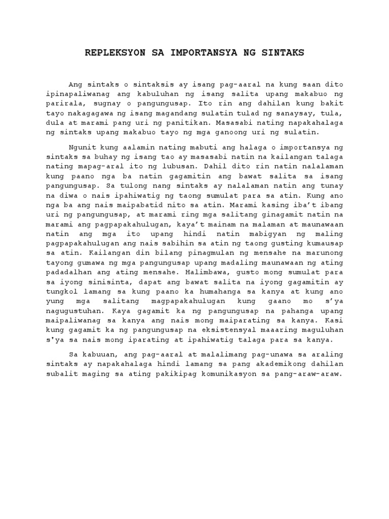 Repleksyon Sa Importansya NG Sintaks | PDF