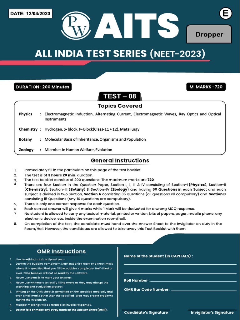 AITS-08_Paper 2_Dropper NEET_12-04-2023_Questions | PDF