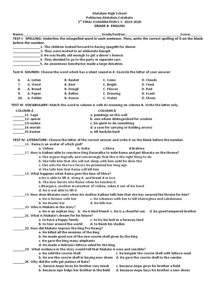 Grade 8 English Final Exam 2019-2020 | PDF | General Fiction