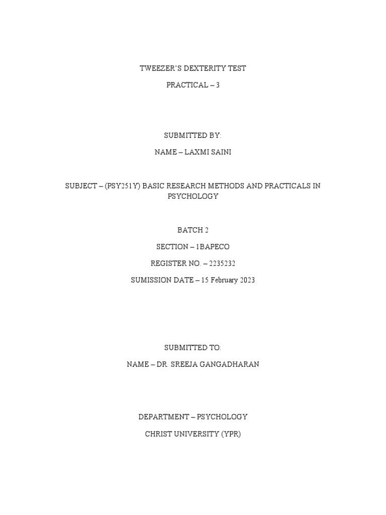 Tweezer Dexterity Test 2235232 | PDF | Cognition | Psychology