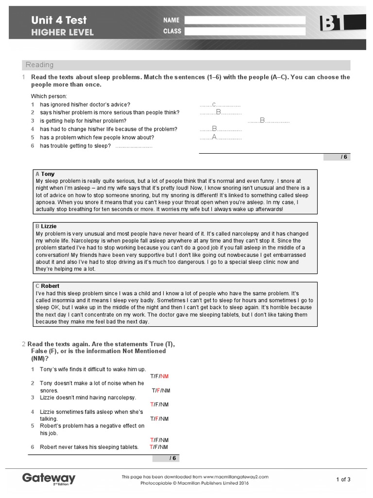 B1 Unit 4 Test 2 Pdf Sleep Physician