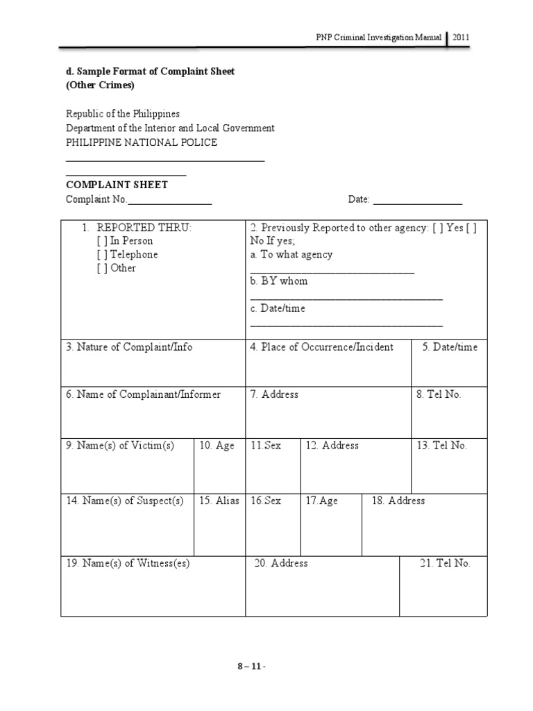 Complaint Sheet Format | PDF | Crime & Violence | Criminal Justice