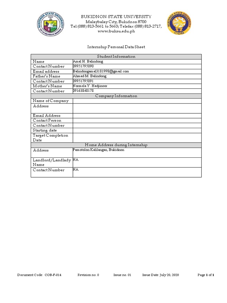 Internship Personal Data Sheet | PDF