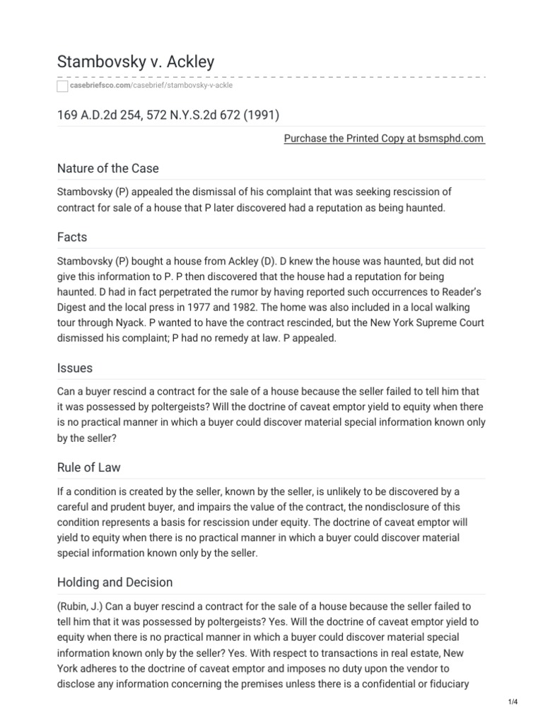 Stambovsky V Ackley | Download Free PDF | Consent | Common Law