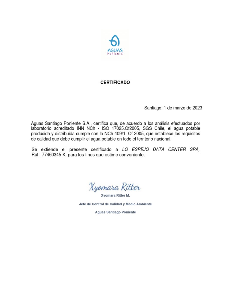Certificado Calidad Agua Potable Marzo 2023 | PDF