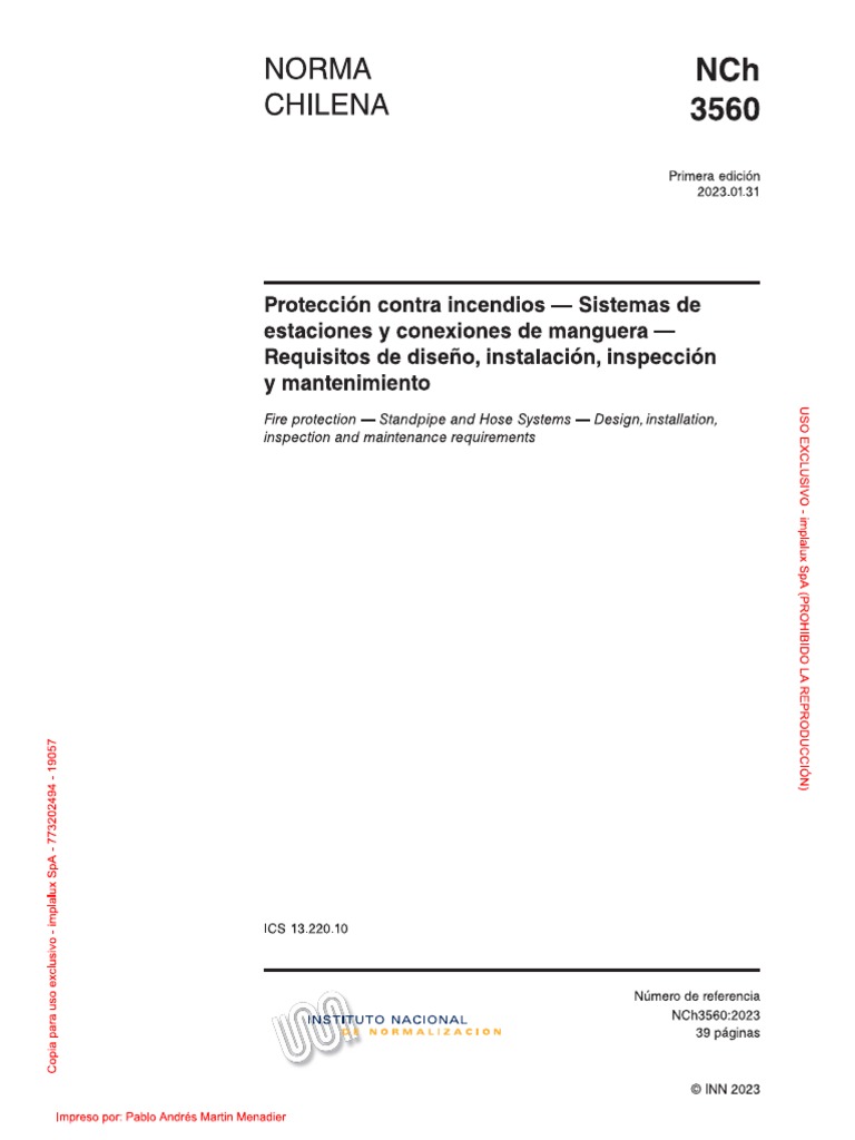 NCH 3560-2023 Redes Húmedas y Redes Secas | PDF