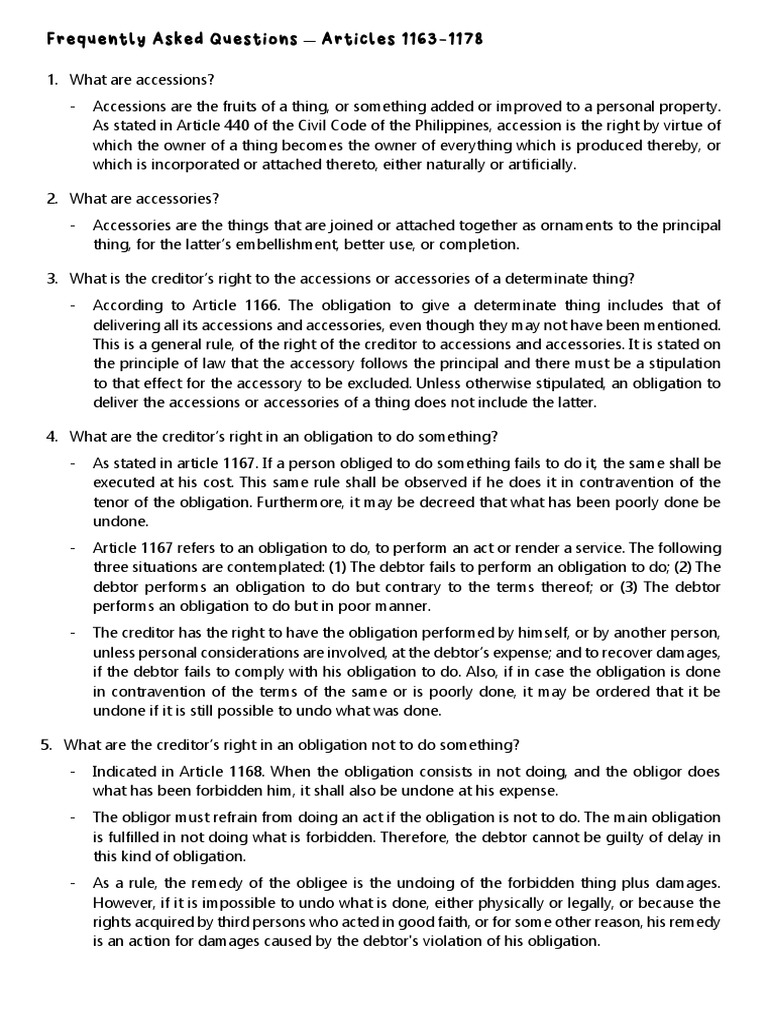FAQs on Civil Code Articles 1163-1178 | PDF