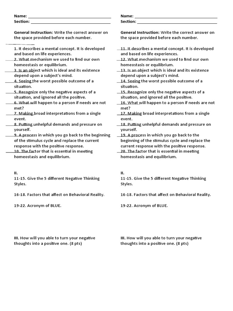 Name Section General Instruction Write The Correct Answer On Name Section General