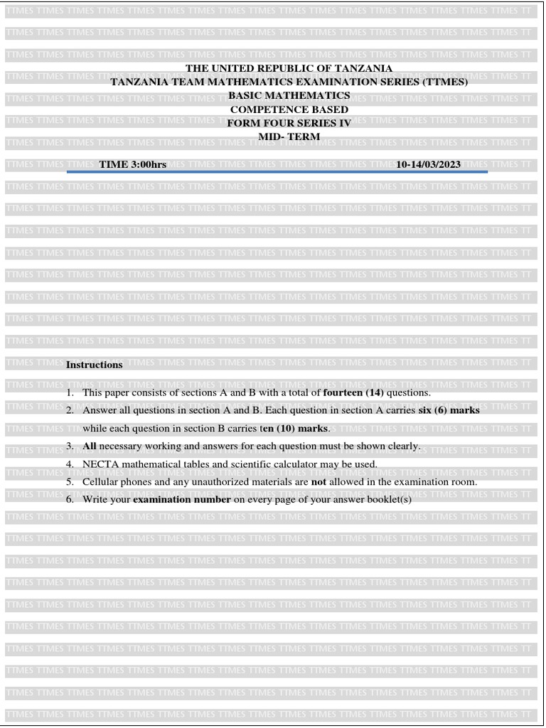The United Republic of Tanzania Tanzania Team Mathematics Examination ...