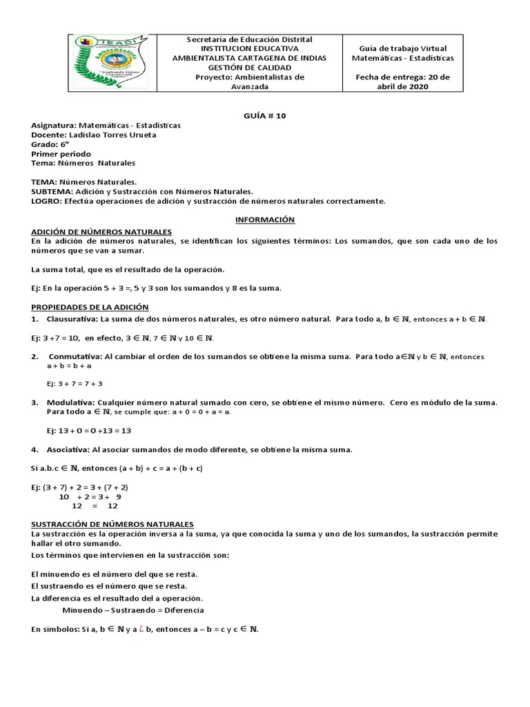 Guia # 10 Matematica - Estadísticas Grado 6º | Descargar gratis PDF ...