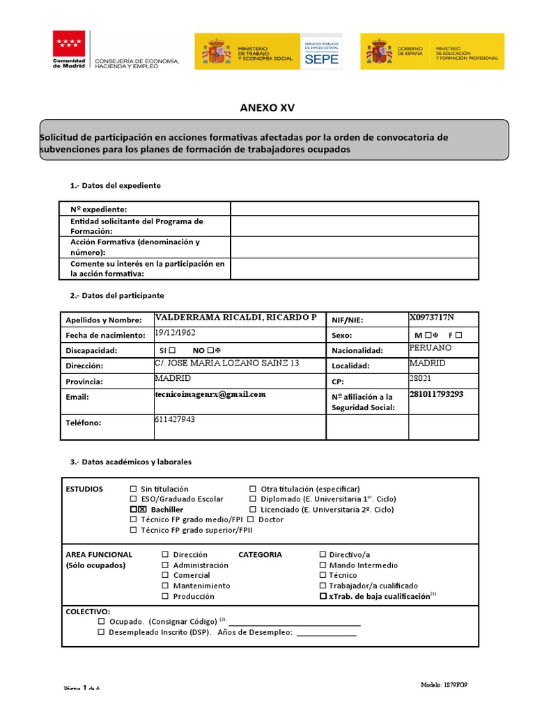 Solicitud Anexo XV Formación 2023 | PDF | Privacidad de la información