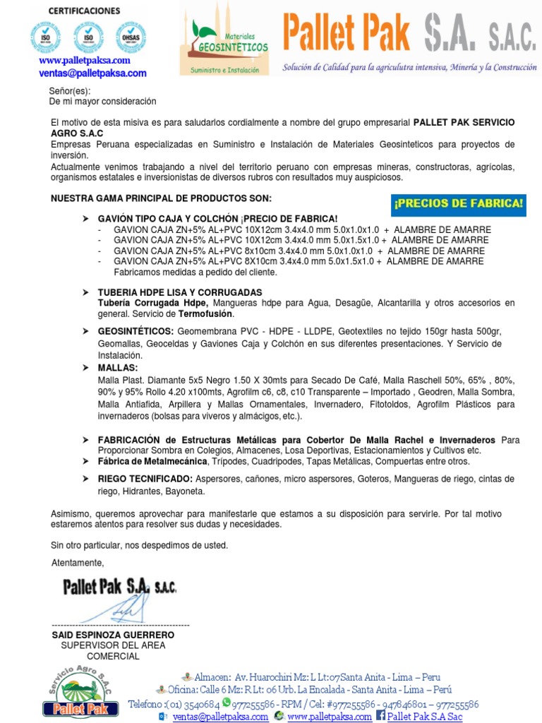 Carta de Presentación - Pallet Pak S.A Sac | PDF | Hogar, jardinería y bricolaje