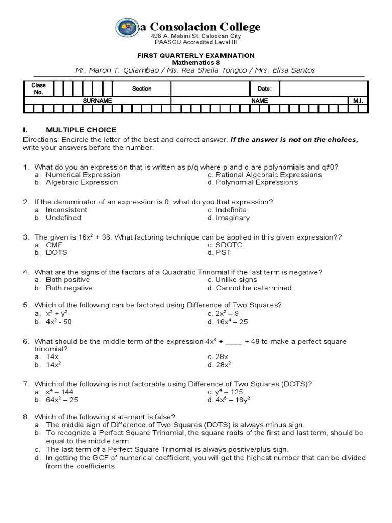 Grade 8 1st Quarterly Examination 22-23 | PDF | Factorization | Polynomial