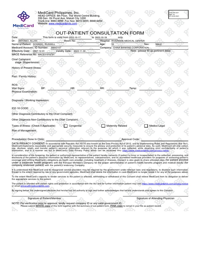 MediCard Outpatient Form | PDF | Patient | Informed Consent