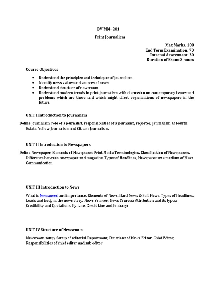 Sem - 2 BVJMM Syllabus | PDF | Media (Communication) | Journalism