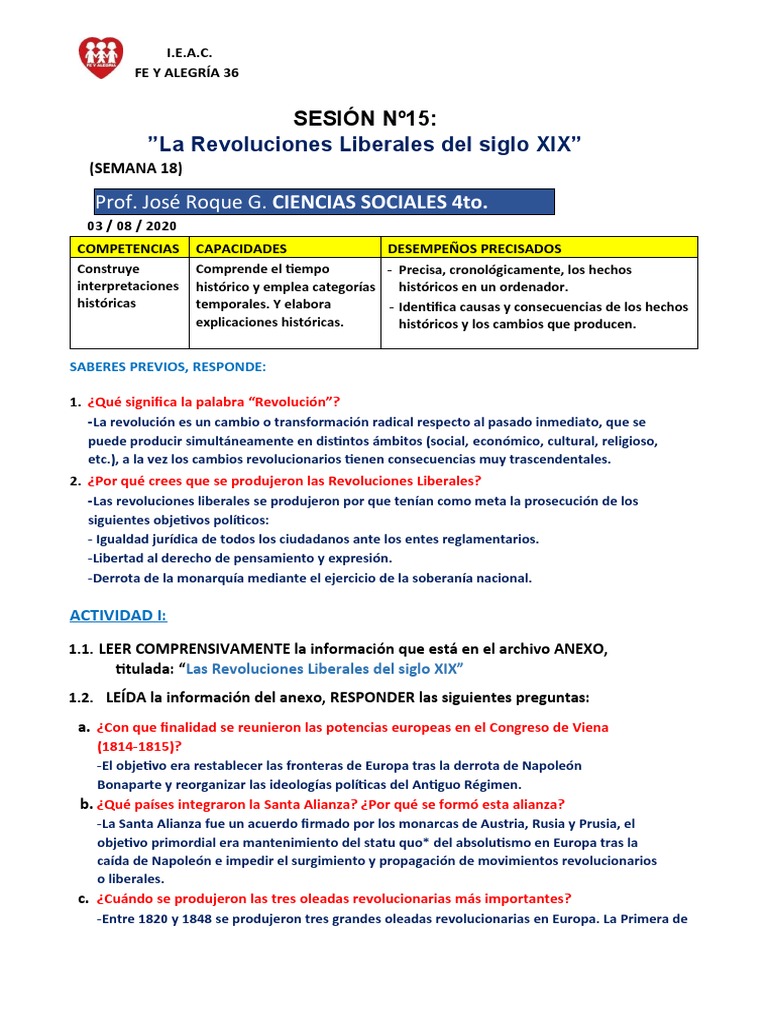"La Revoluciones Liberales Del Siglo XIX": Prof. José Roque G. CIENCIAS SOCIALES 4to | PDF