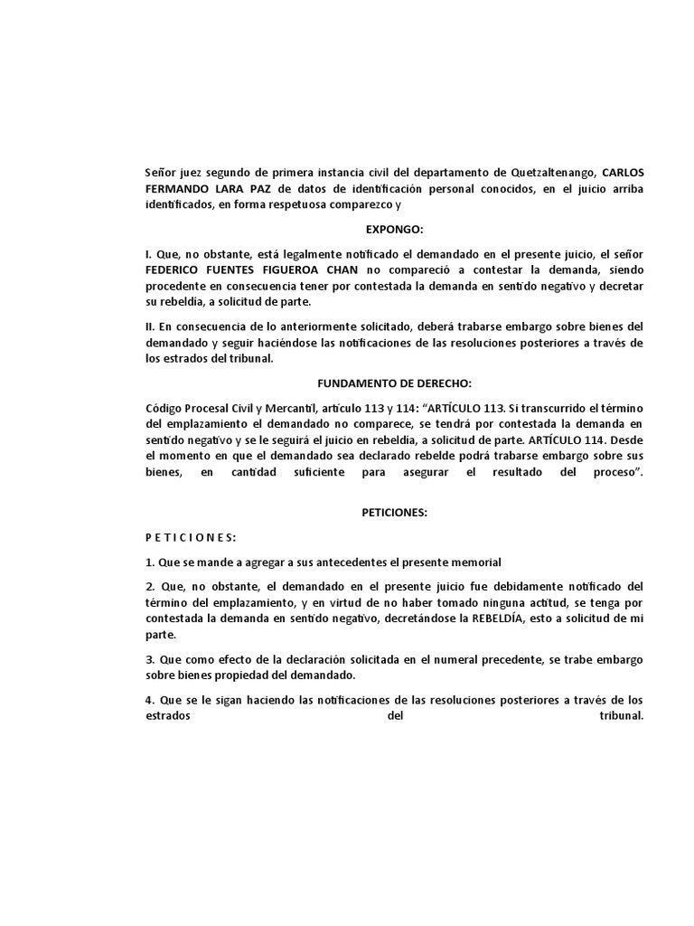 Solicitud de Rebeldia | PDF | Demanda judicial | Ley procesal
