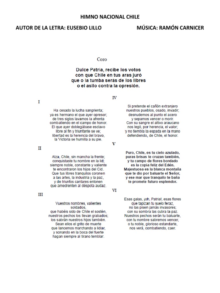 Letra Himno Nacional Chile | PDF
