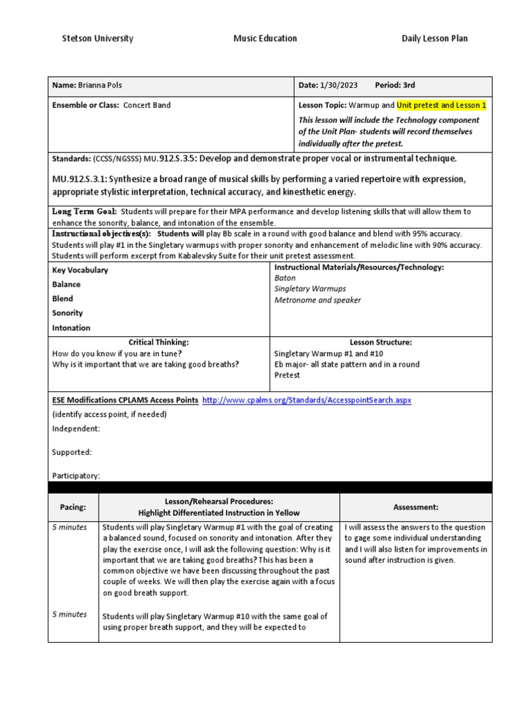 Lesson Plan Concert Band Monday Jan 30 | PDF | Lesson Plan | Cognitive ...