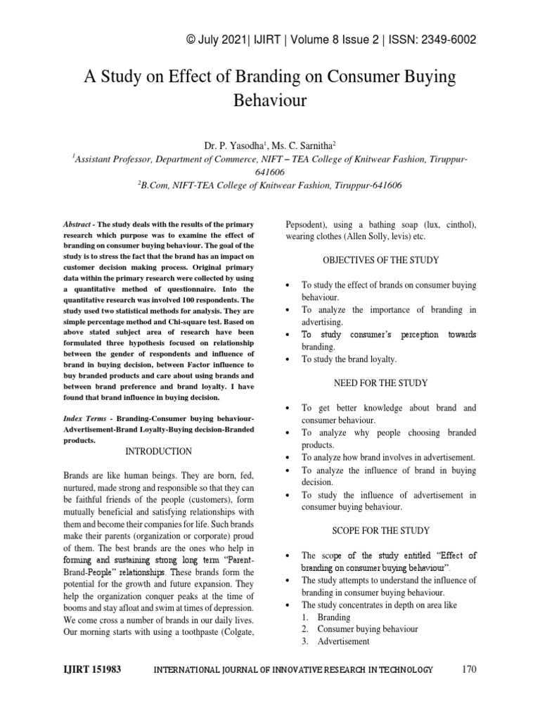 A Study On Effect of Branding On Consumer Buying Behaviour: © July 2021 - IJIRT - Volume 8 Issue ...