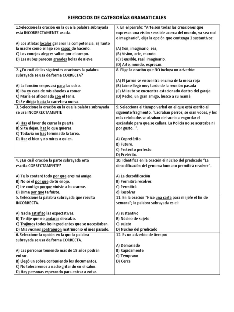 Ejercicios de Categorías Gramaticales 2 | PDF | Sintaxis | Mecánica del ...