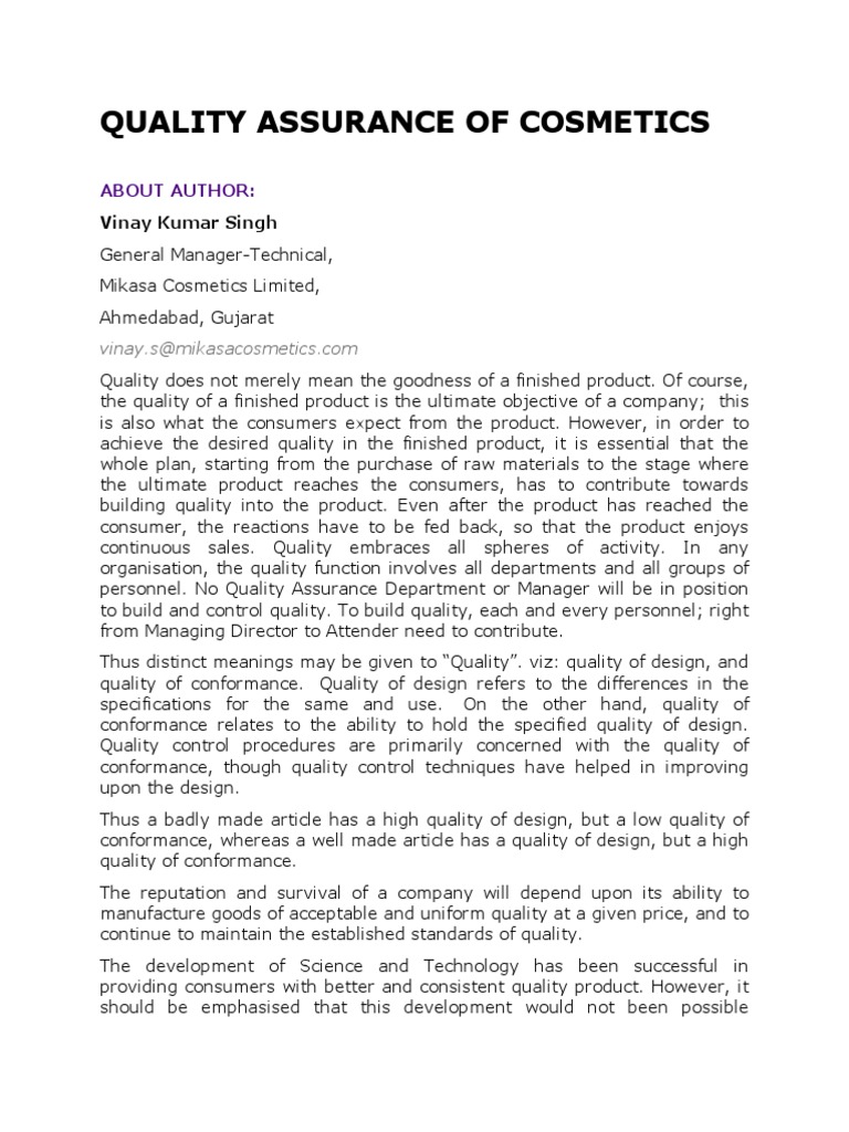 Quality Assurance of Cosmetics | PDF