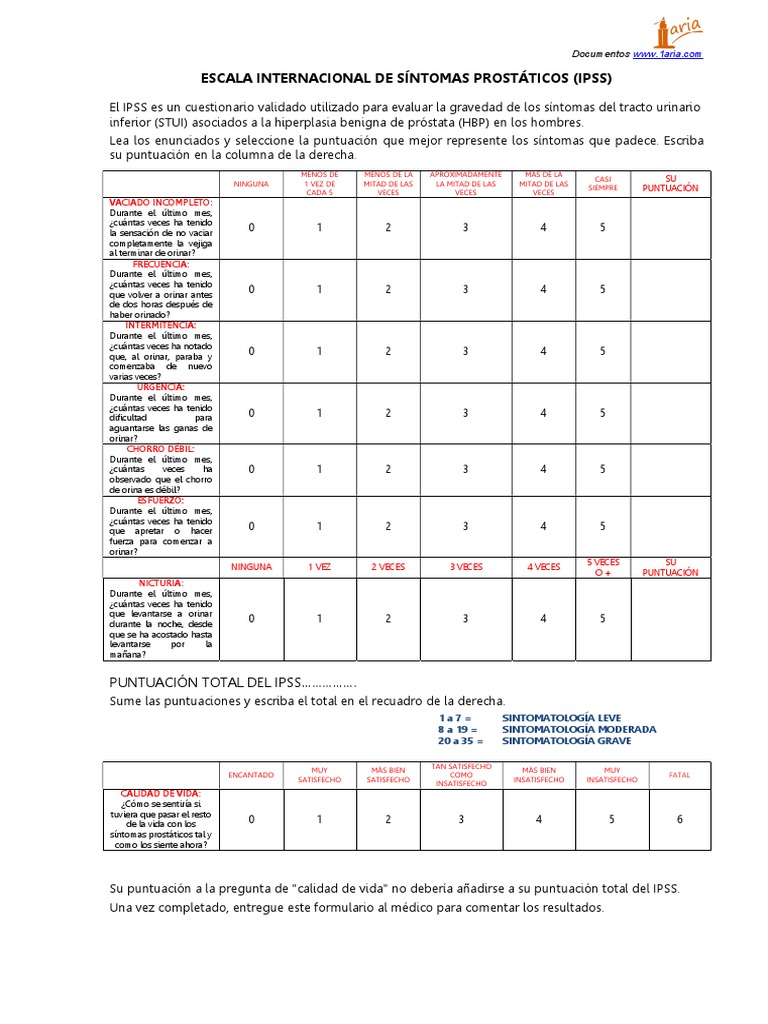 Cuestionario IPSS para Síntomas Prostáticos | PDF | Enfermedades y ...