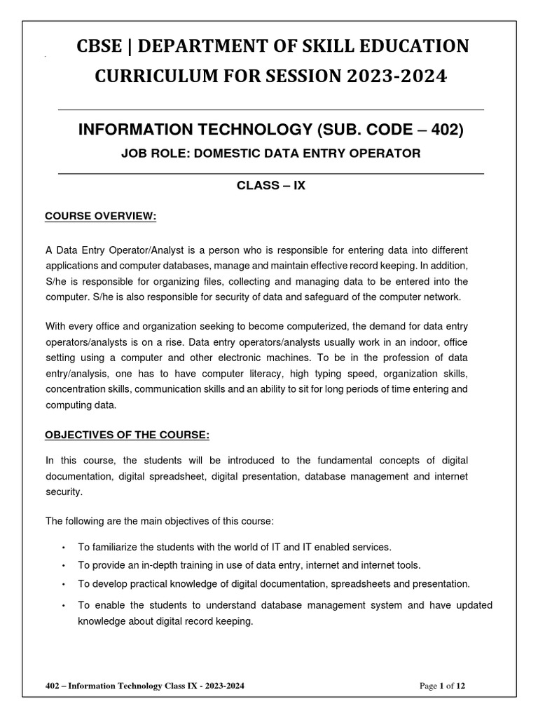 402 IT IX Curriculam 2023 24 | PDF | Computer Keyboard | Spreadsheet