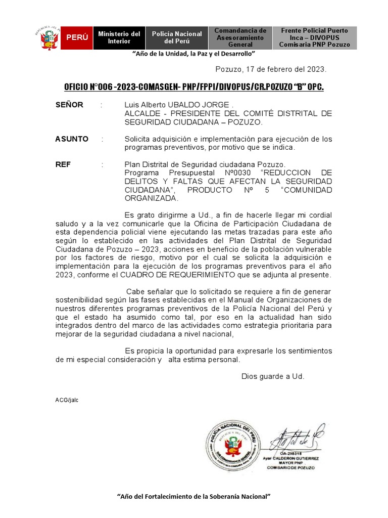 Oficio #06-2023-Opc-Implementacion de Los Programas Preventivos CR PNP Pozuzo | PDF