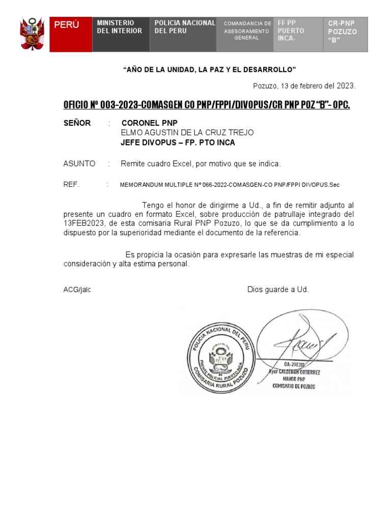 Oficio #003-2023-Opc Remite Cuadro Patrullaje Integrado 13feb2023 CR PNP Pozuzo | PDF